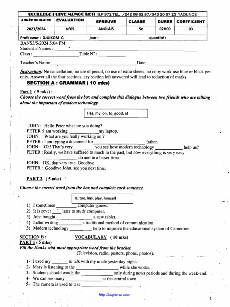 Sujet Anglais 5ème Sequence 5 CP Mongo Beti 2023-2024 Cameroun | PDF