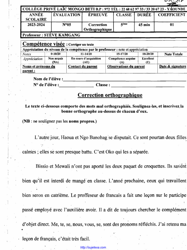 Sujet Correction Orthographique 5ème Sequence 5 CP Mongo Beti 2023-2024 Cameroun | PDF