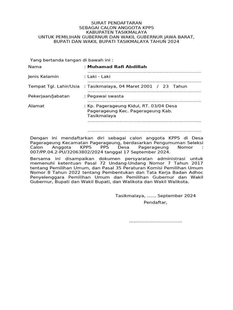 Templet Dokumen Pendaftaran KPPS | PDF