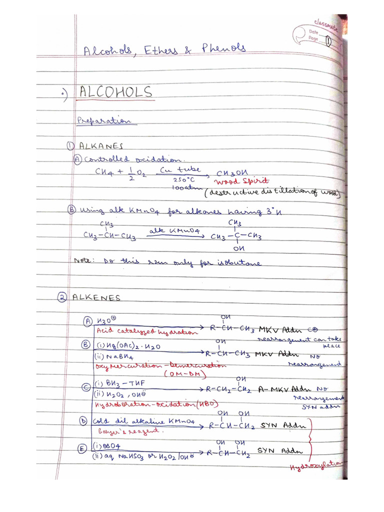 Alcohols Ethers Phenols Notes | PDF