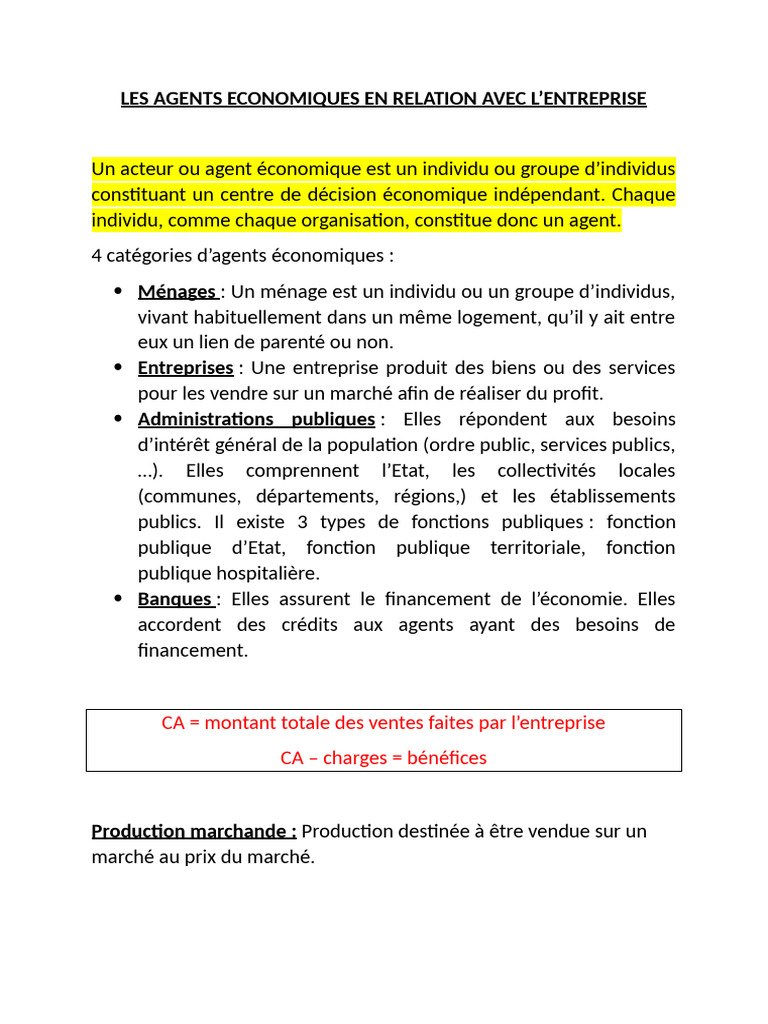 Les Agents Economiques en Relation Avec L | PDF
