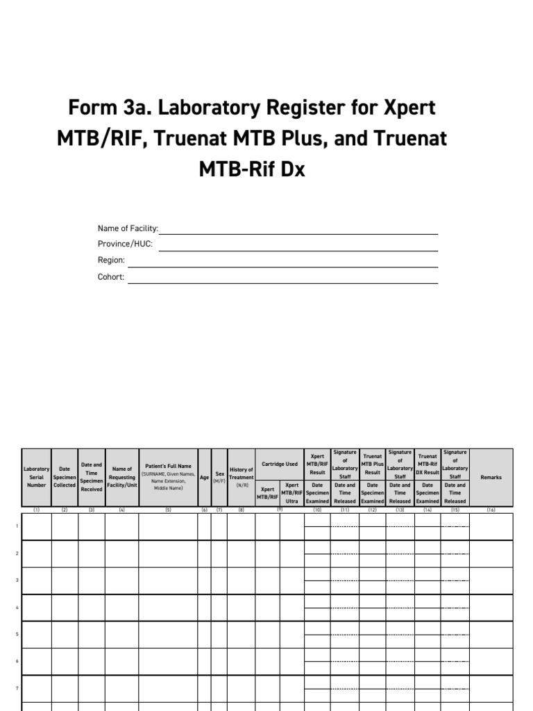 Form 3a. Laboratory Register On Xpert MTB-RIF, Truenat MTB Plus, and ...