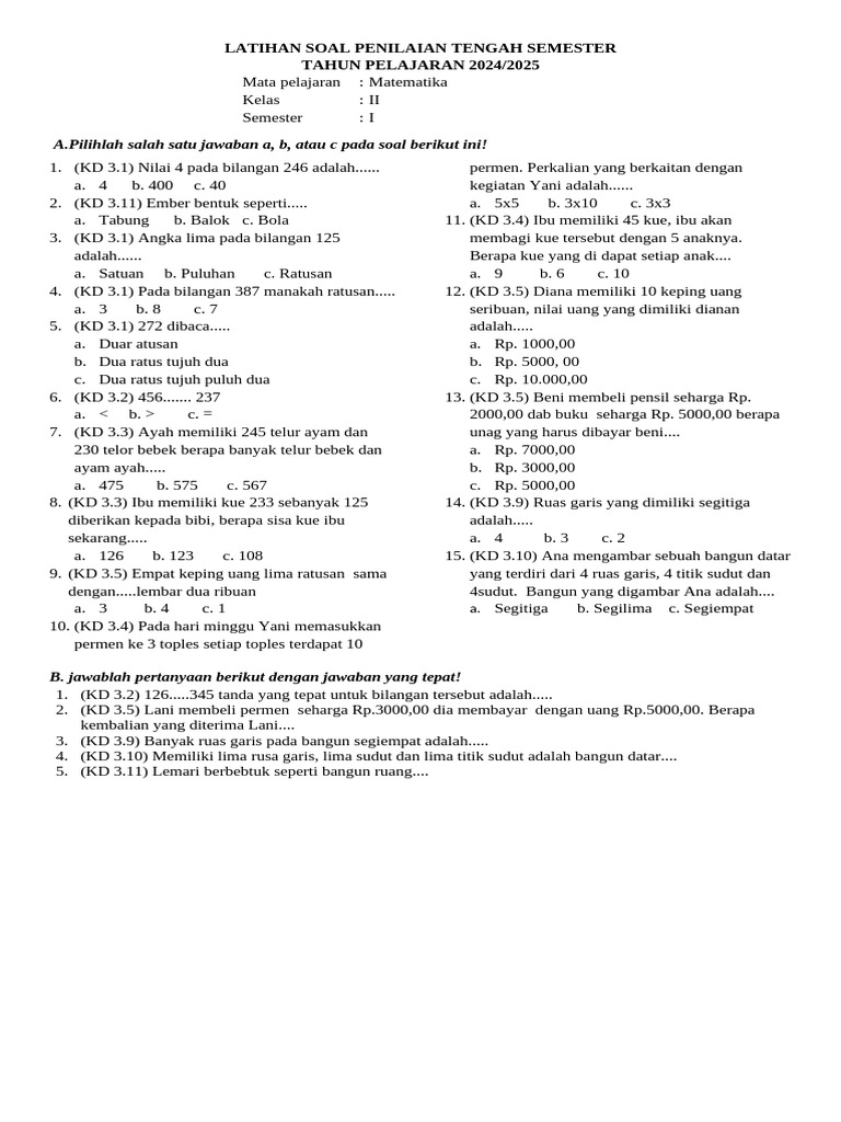 Soal PTS MTK Kelas 2 | PDF