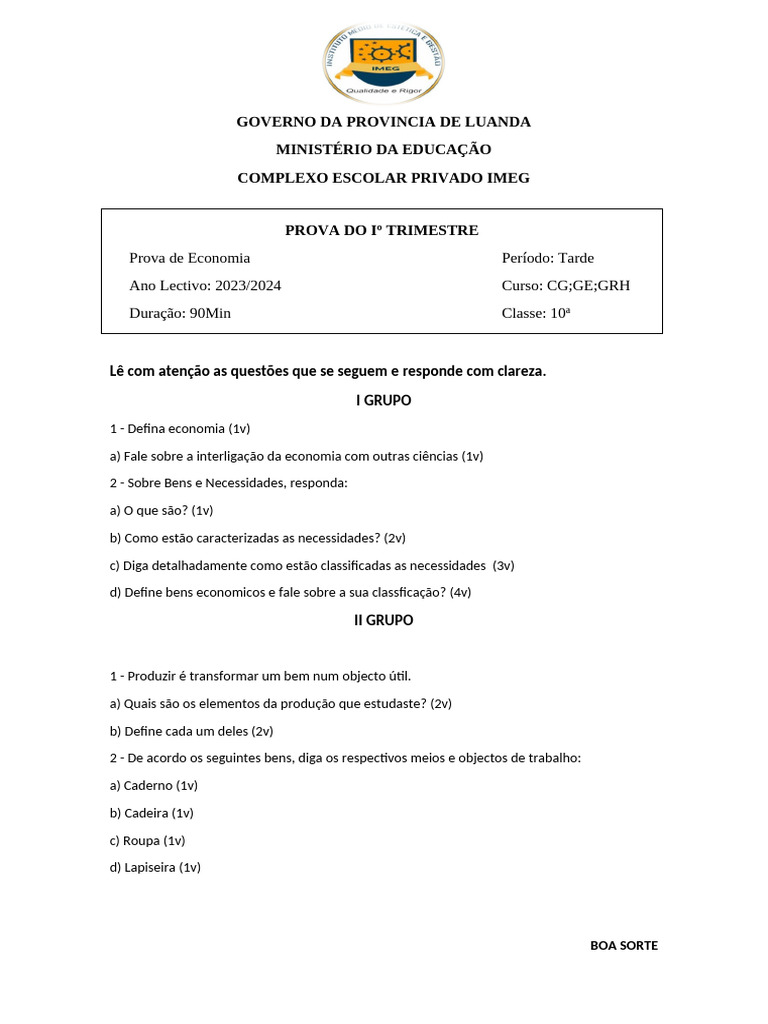 ECONOMIA Proposta de Prova | PDF