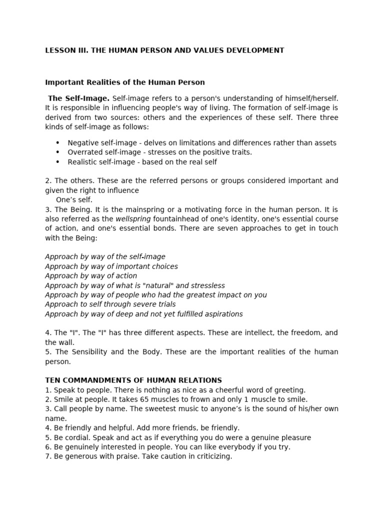 LESSON III. THE HUMAN PERSON AND VALUES DEVELOPMENT | PDF