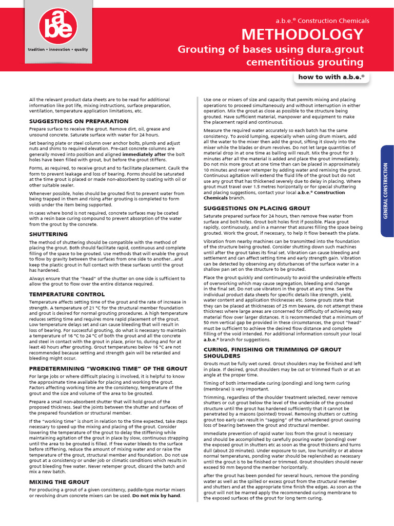 Grouting of Bases Using Dura Grout Cementitious Grouting | PDF