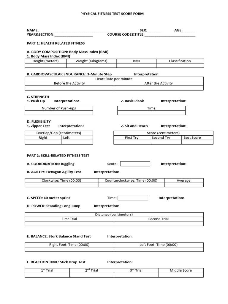 Physical Fitness Test Score Form | PDF