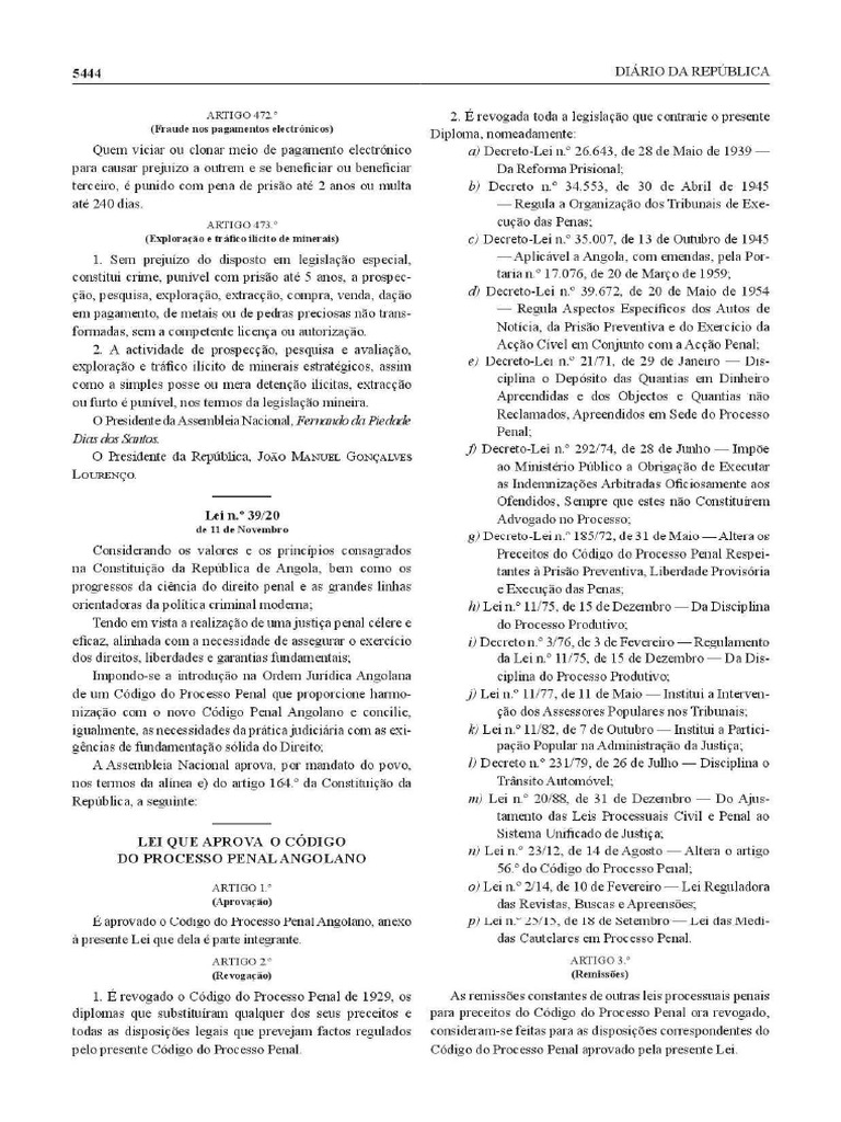Lei N.º 39-20 de 11-11, Sobre A Lei Que Aprova o Novo CÓDIGO DE ...
