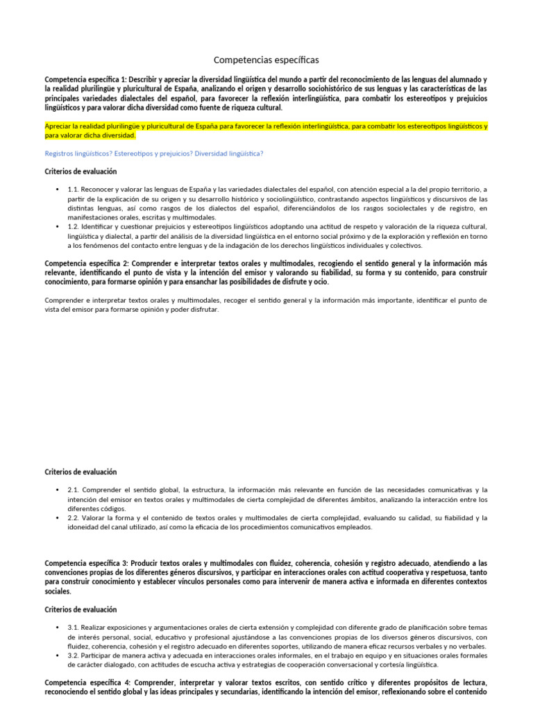 Competencias Específicas 4ºESO | PDF