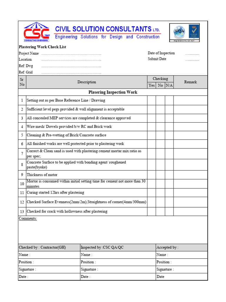 Plastering Checklist | PDF