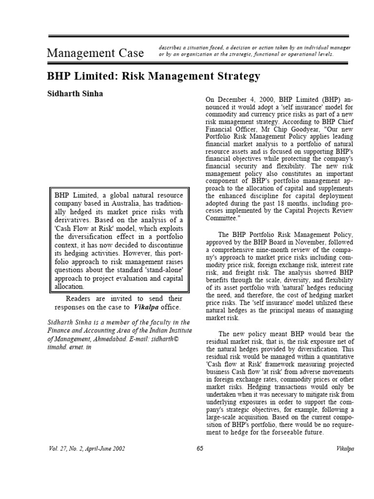 Sinha 2002 Bhp Limited Risk Management Strategy | PDF