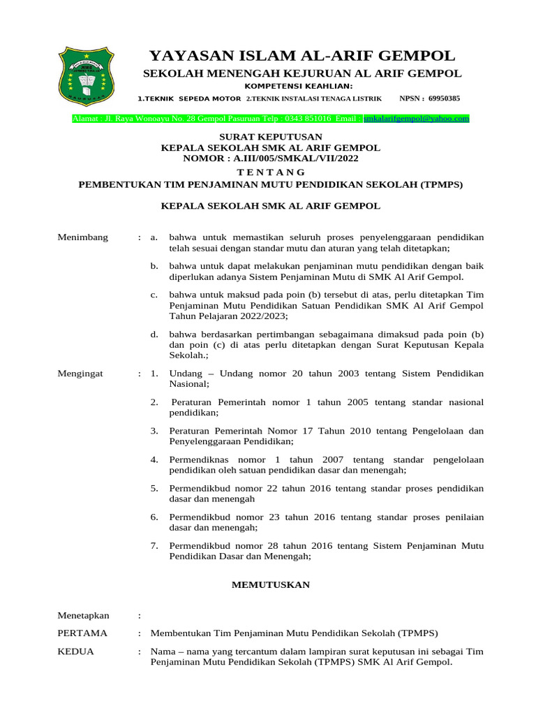 SK Tim Penjamin Mutu Pendidikan | PDF