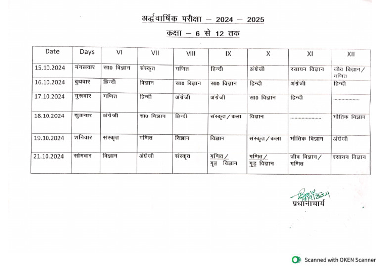 Half Yearly Exam Time Table - Class Vi To Xii | PDF