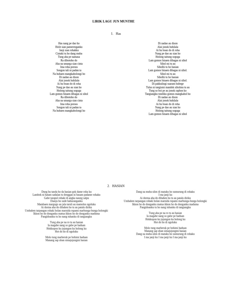 Lirik Lagu Jun Munthe | PDF