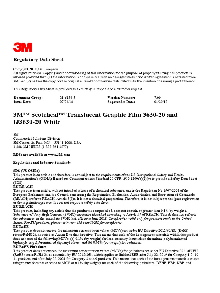3M™ Scotchcal™ Translucent Graphic Film 3630-20 and IJ3630-20 White | PDF