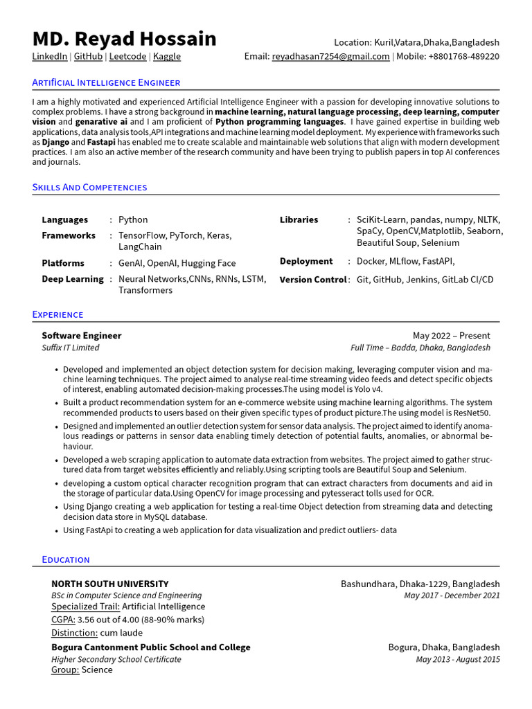 MD. Reyad Hossain: Artificial Intelligence Engineer | PDF