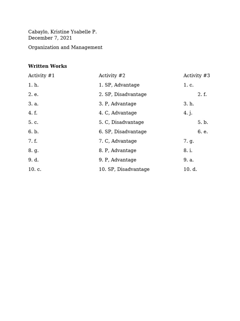 Organization and Management - Written Tasks | PDF