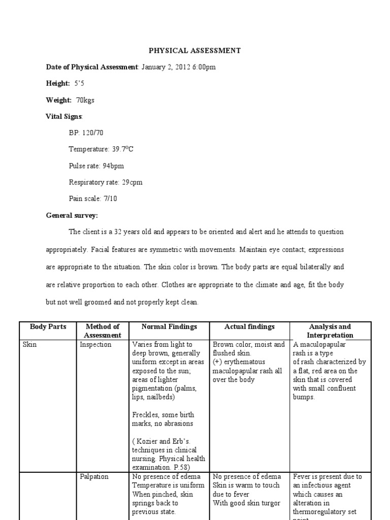 Physical Assessment Date of Physical Assessment: January 2, 2012 6:00pm ...