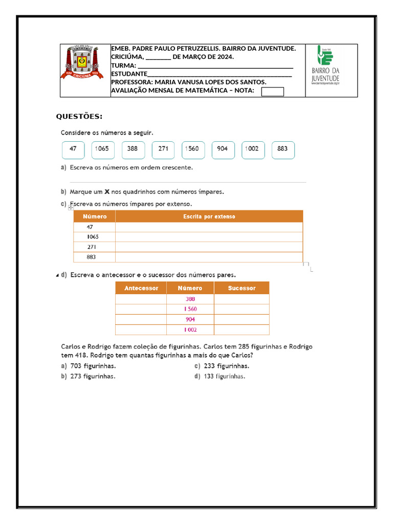 Avaliação Mensal de Matemática Normal | PDF | Autoajuda | Bem-estar