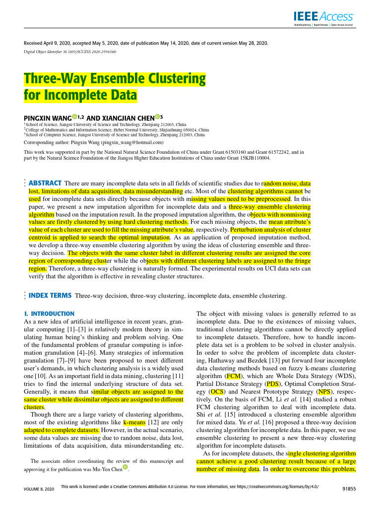 Three-Way Ensemble Clustering For Incomplete Data | PDF