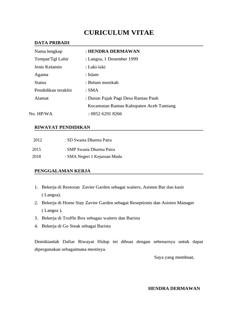 CV Hendra Dermawan | PDF
