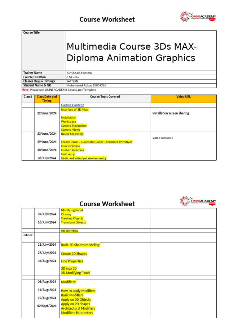 Course Worksheet 3DS Max | PDF | Rendering (Computer Graphics) | Computers