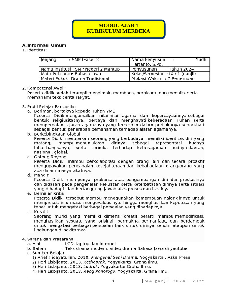 Modul Ajar Bahasa Jawa Kelas IX Ganjil | PDF