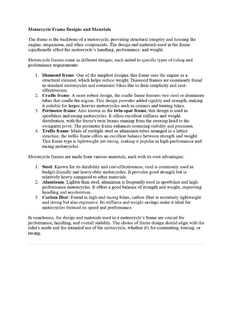 Motorcycle Frame Designs and Materials | PDF