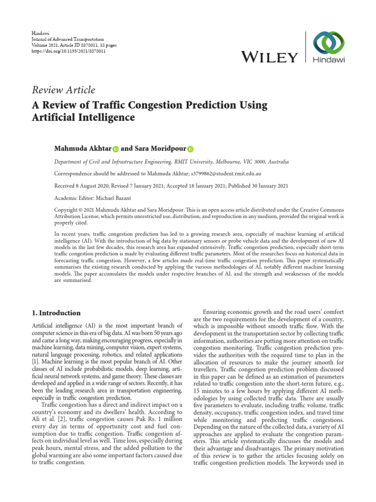 A Review Of Traffic Congestion Prediction Using Artificial Intelligence
