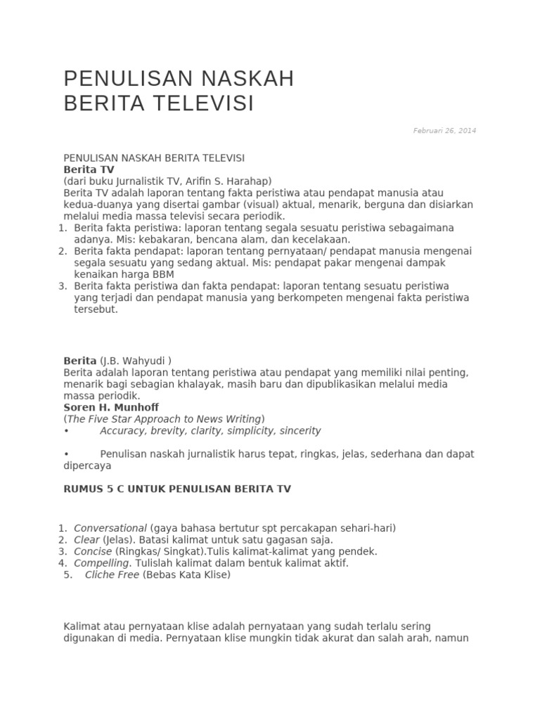 Cara Penulisan Naskah Berita Di Televisi | PDF