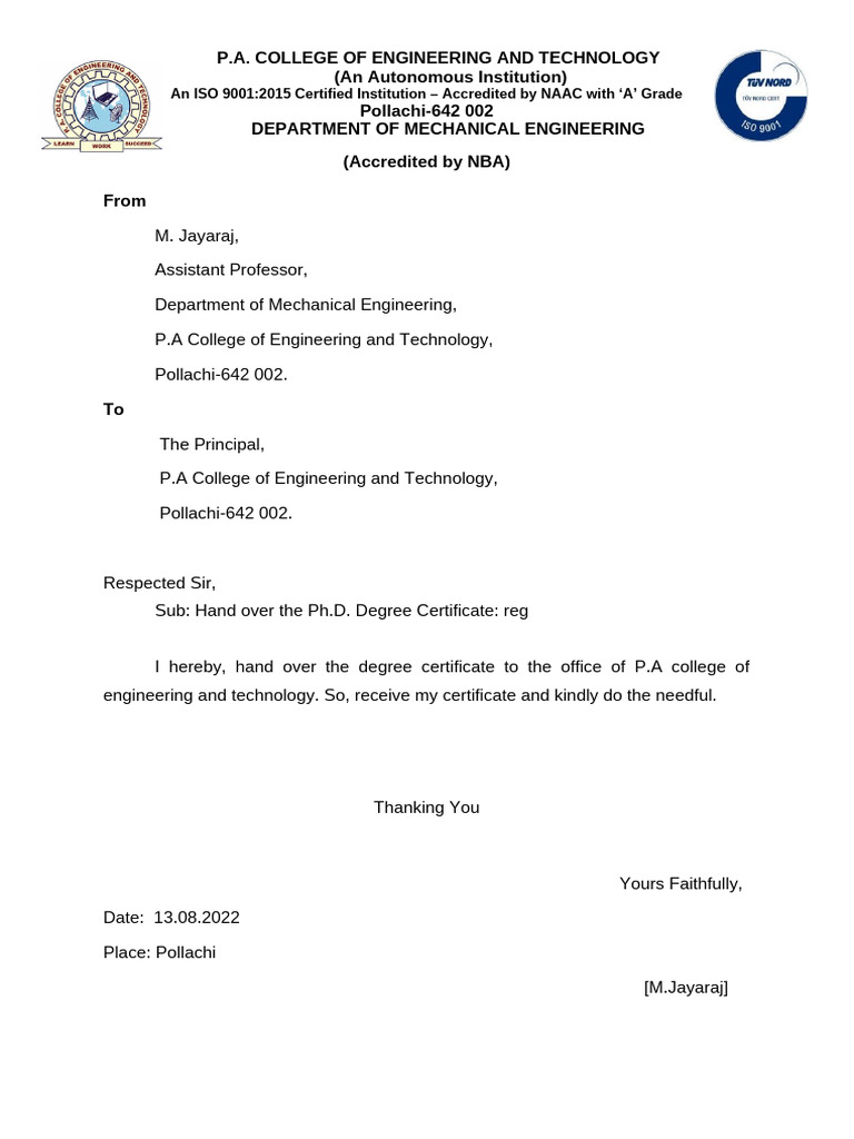 Certificate Handover Letter | PDF