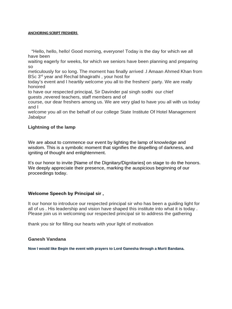 FRESHERS ANCHORIG SCRIPT 2k24 | PDF