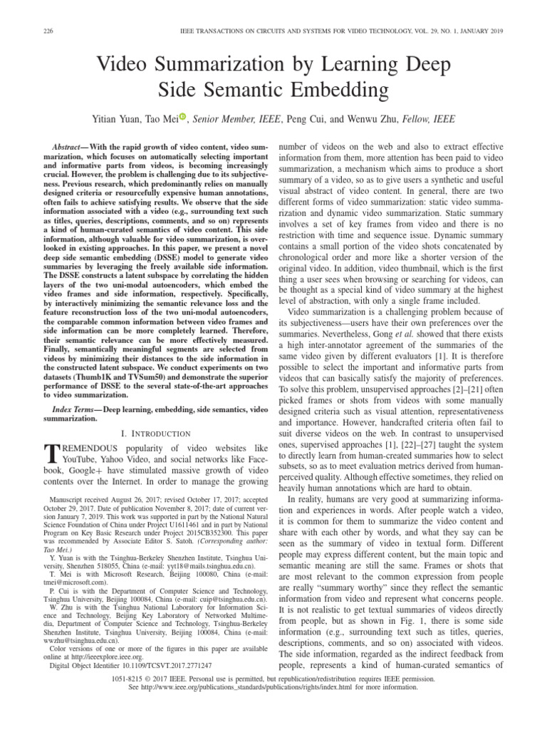 Video Summarization by Learning Deep Side Semantic Embedding | PDF
