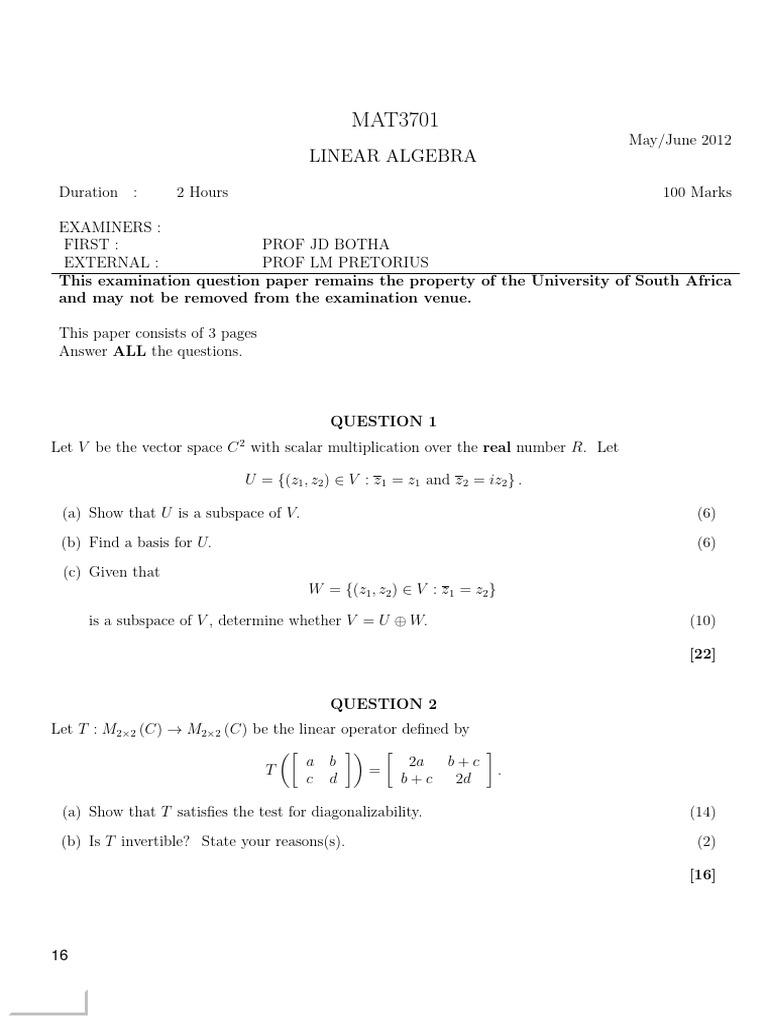 2012 Exam Papers With Solutions | PDF | Eigenvalues And Eigenvectors | Mathematical Analysis