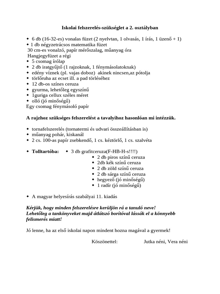 Iskolai Felszerelés 2. Oszt. | PDF