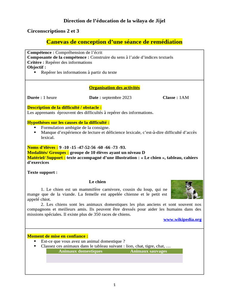 Fiche-de-remédiation-1am-CE. Jijel 2023 | PDF
