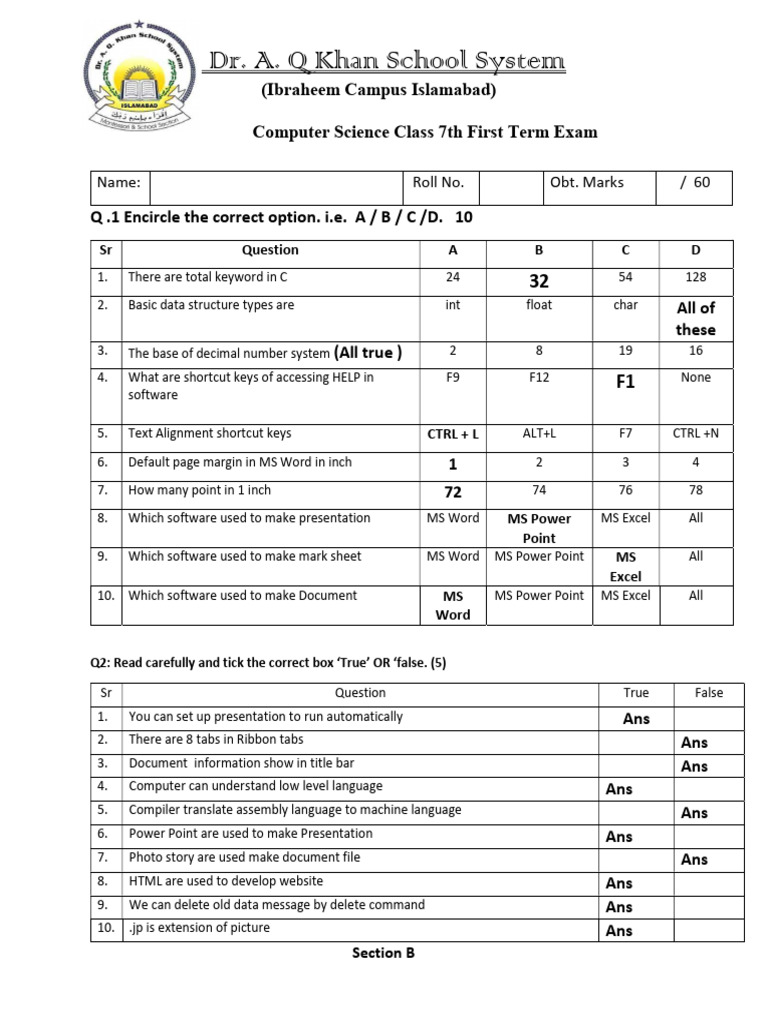 Class 7 Answer Key | PDF