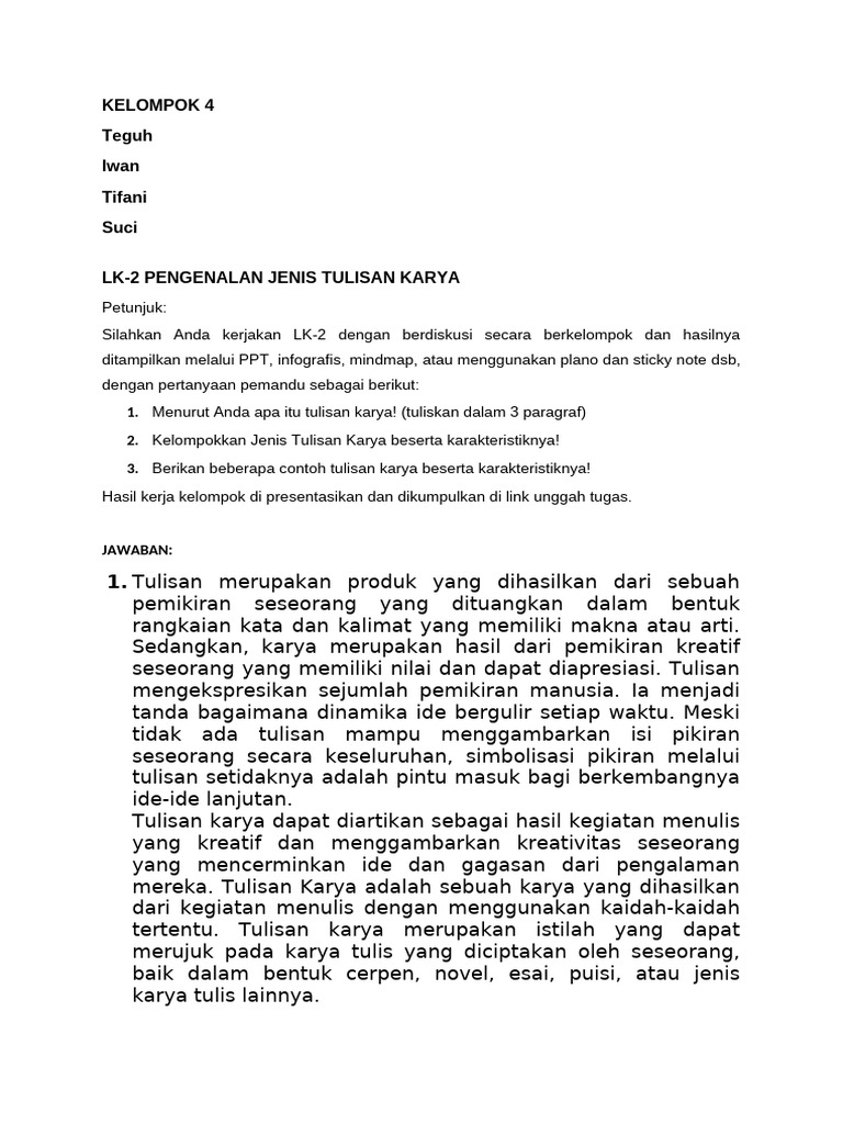 LK-2 PENGENALAN JENIS TULISAN KARYA Kelompok 4 | PDF