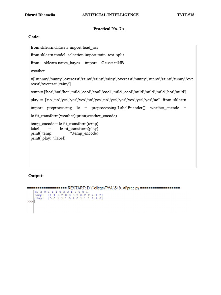 Practical No. 7A Code:: Dhruvi Dhamelia Artificial Intelligence TYIT ...