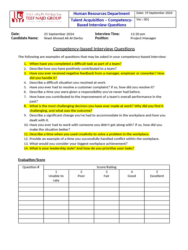 HR - Talent Aquisition - Competency-Based Interview Questions | PDF