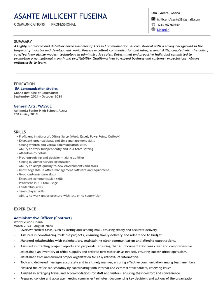 Millicent Fuseina Asante CV | PDF | Memorandum | Communication