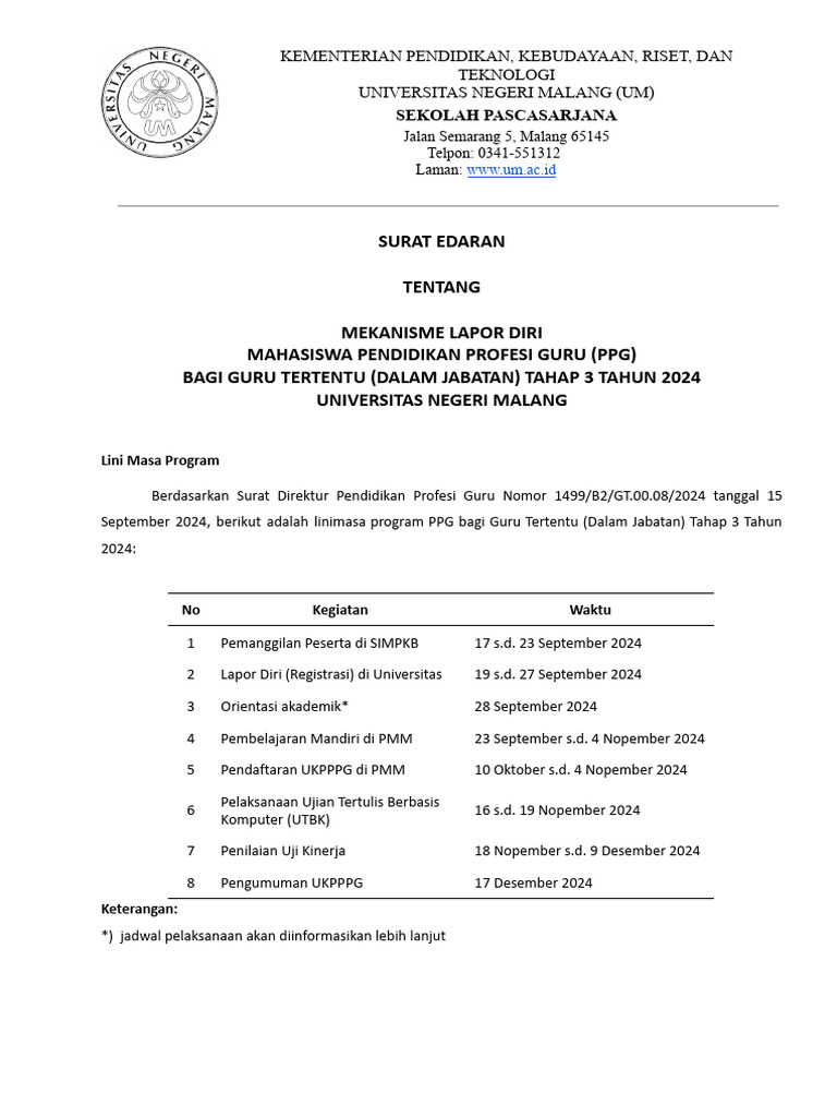 04 - Surat Edaran Lapor Diri PPG Bagi Guru Tertentu (Daljab) Tahap 3 2024 | PDF