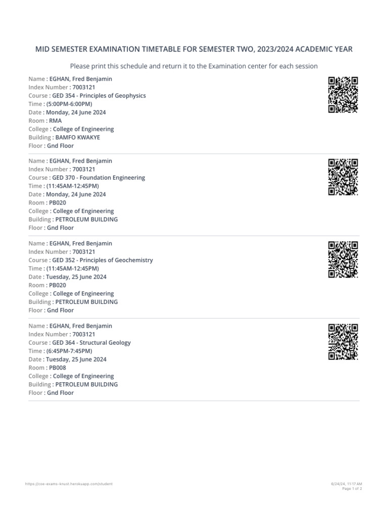 KNUST, CoE Check Timetable for Student | PDF
