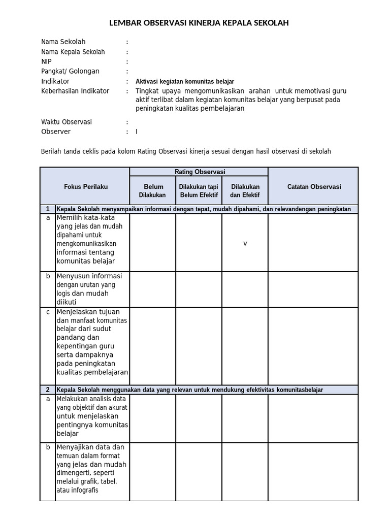 Observasi Kinerja Kepala Sekolah | PDF | Karier & Perkembangan