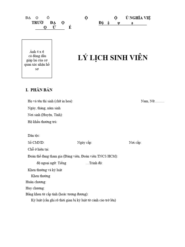 LÝ LỊCH SV | PDF