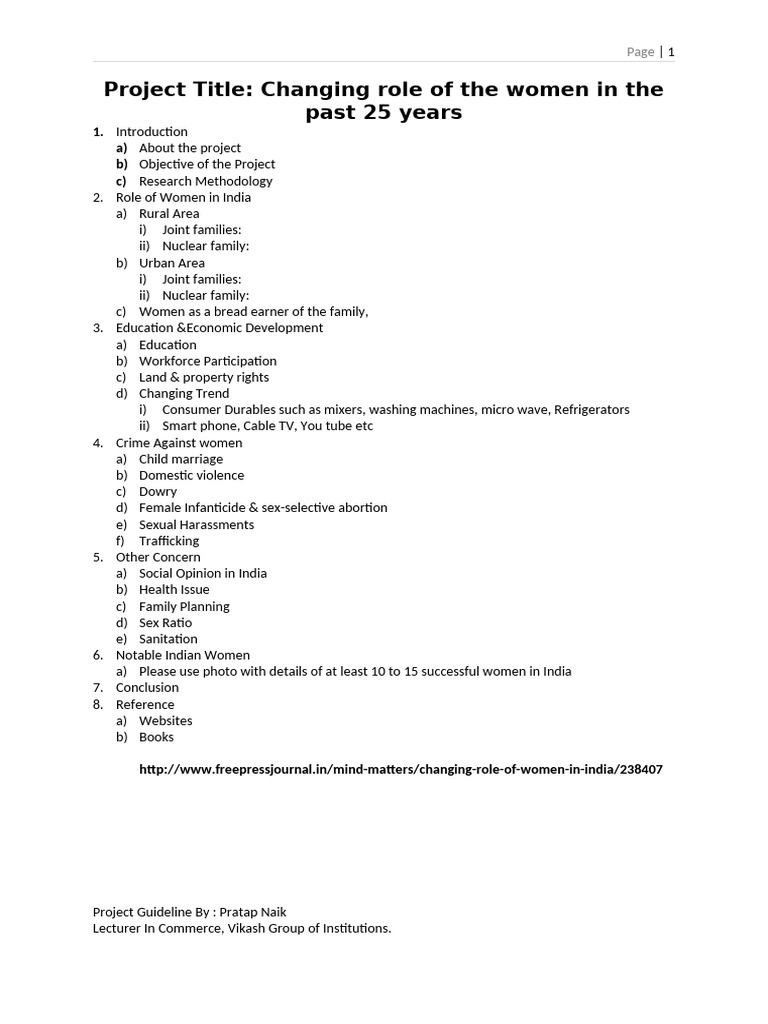 Changing Role of Women-Project Guide Line | PDF