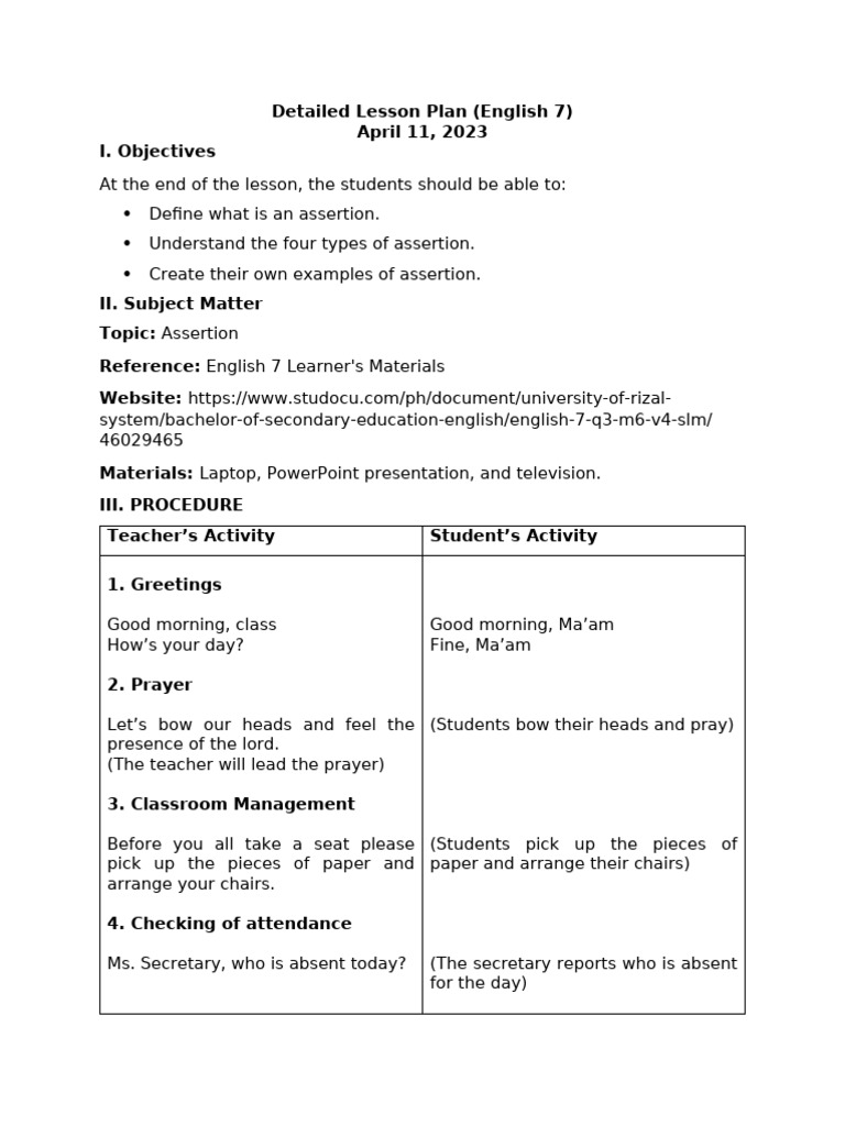 Assertion Lesson Plan | PDF