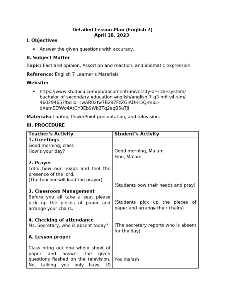 Detailed Lesson Plan Fact and Opinion | PDF