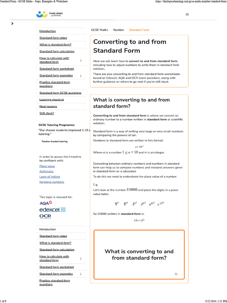 Standard Form - GCSE Maths - Steps, Examples & Worksheet | PDF