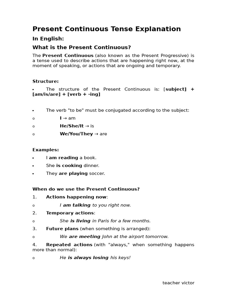 Present Continuous Tense Explanation / Explicação | PDF